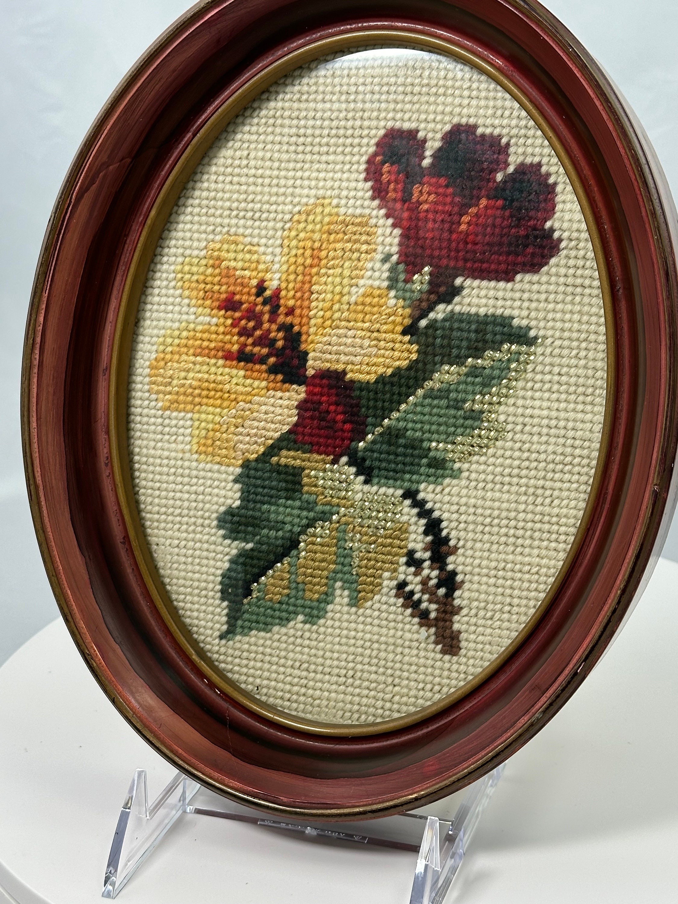A Vintage Completed Needlepoint in Oval Frame, Burgundy and Gold Floral ...
