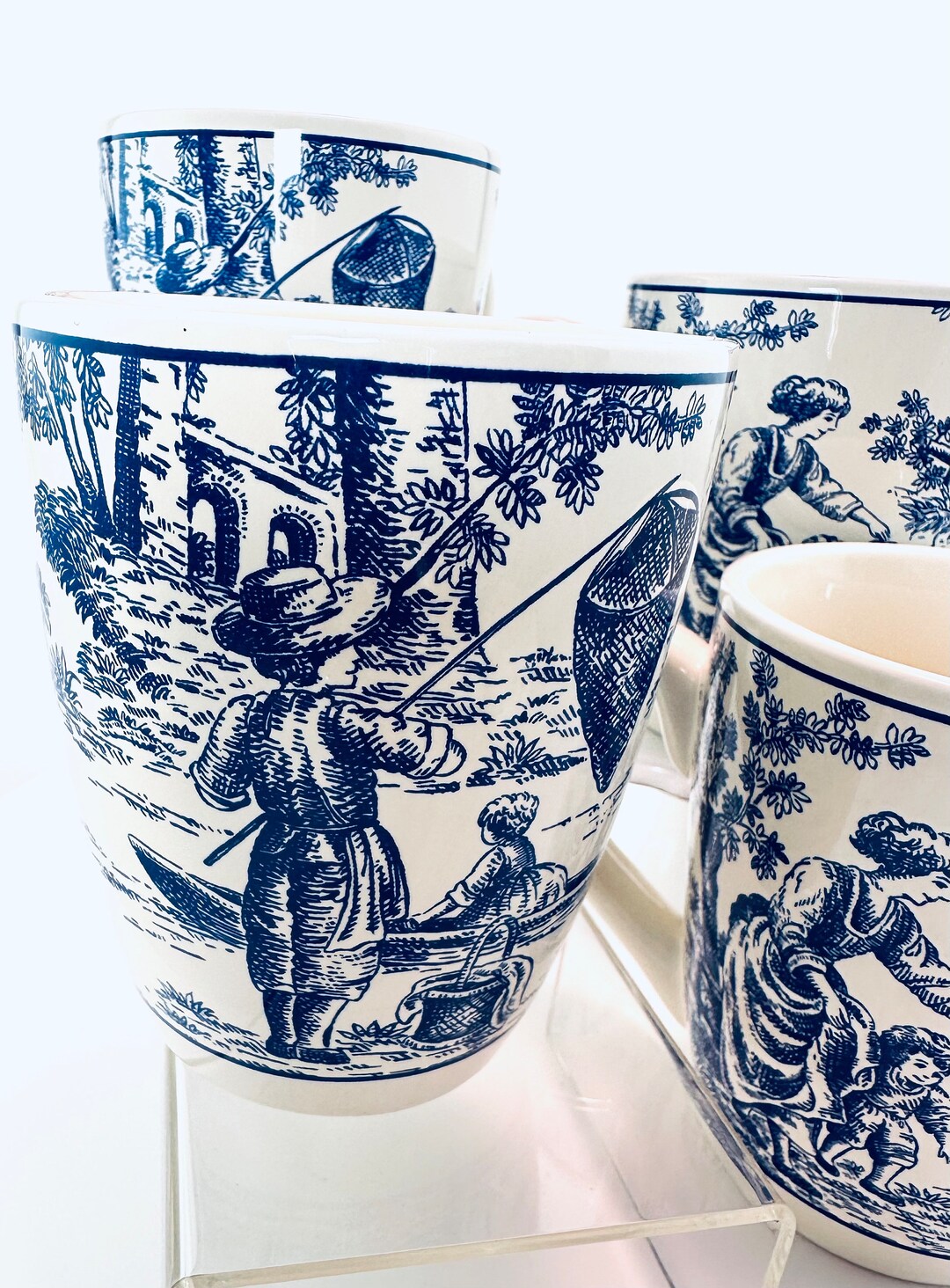 Vintage Waverly Blue and Creamy White Toile Print Mugs, Set of 4 - Etsy