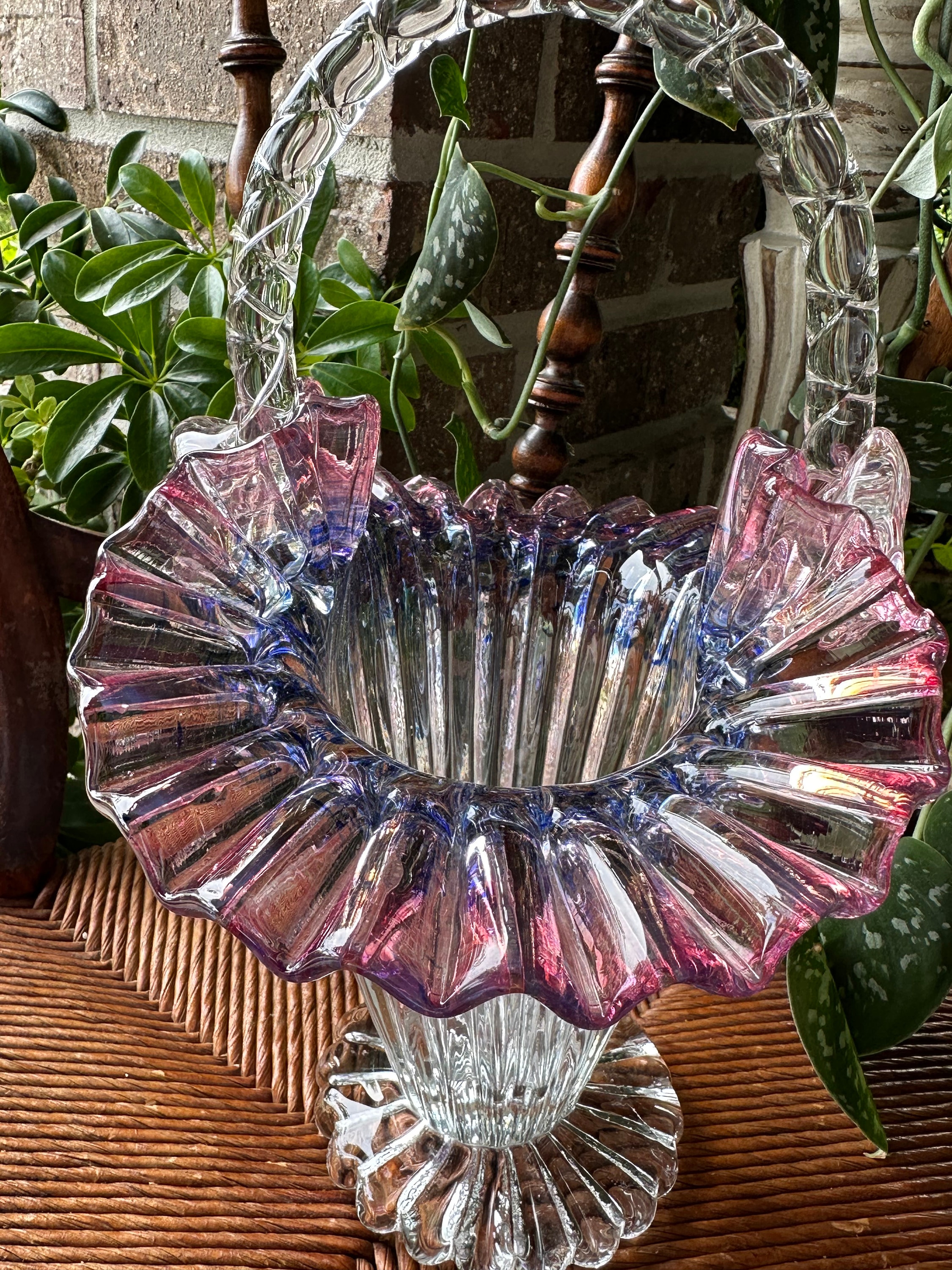 Art Glass Basket With Pink and Blue Spatter Ombré With Ribbon Edge and ...