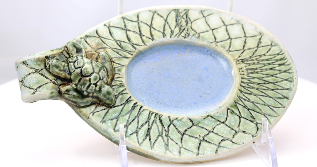 A Vintage Sea Turtle Spoon Rest in Green and Blue, Handmade Clay Spoon ...