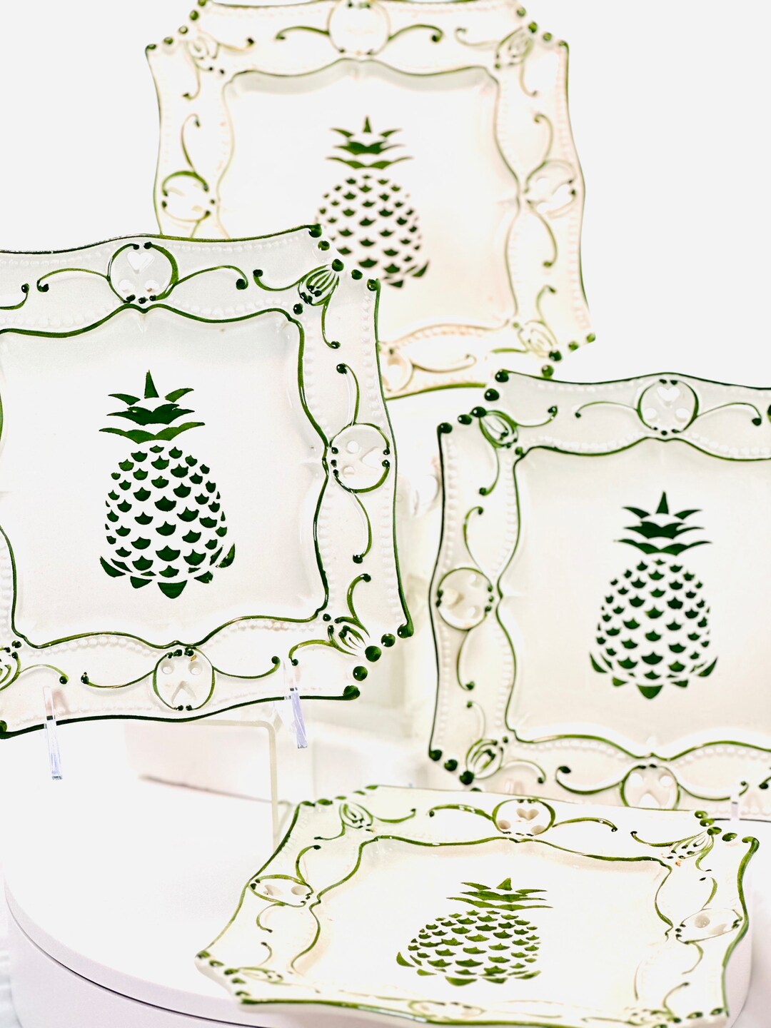 A Vintage Set of 4 Pineapple Plates in Green and White Made in Portugal ...