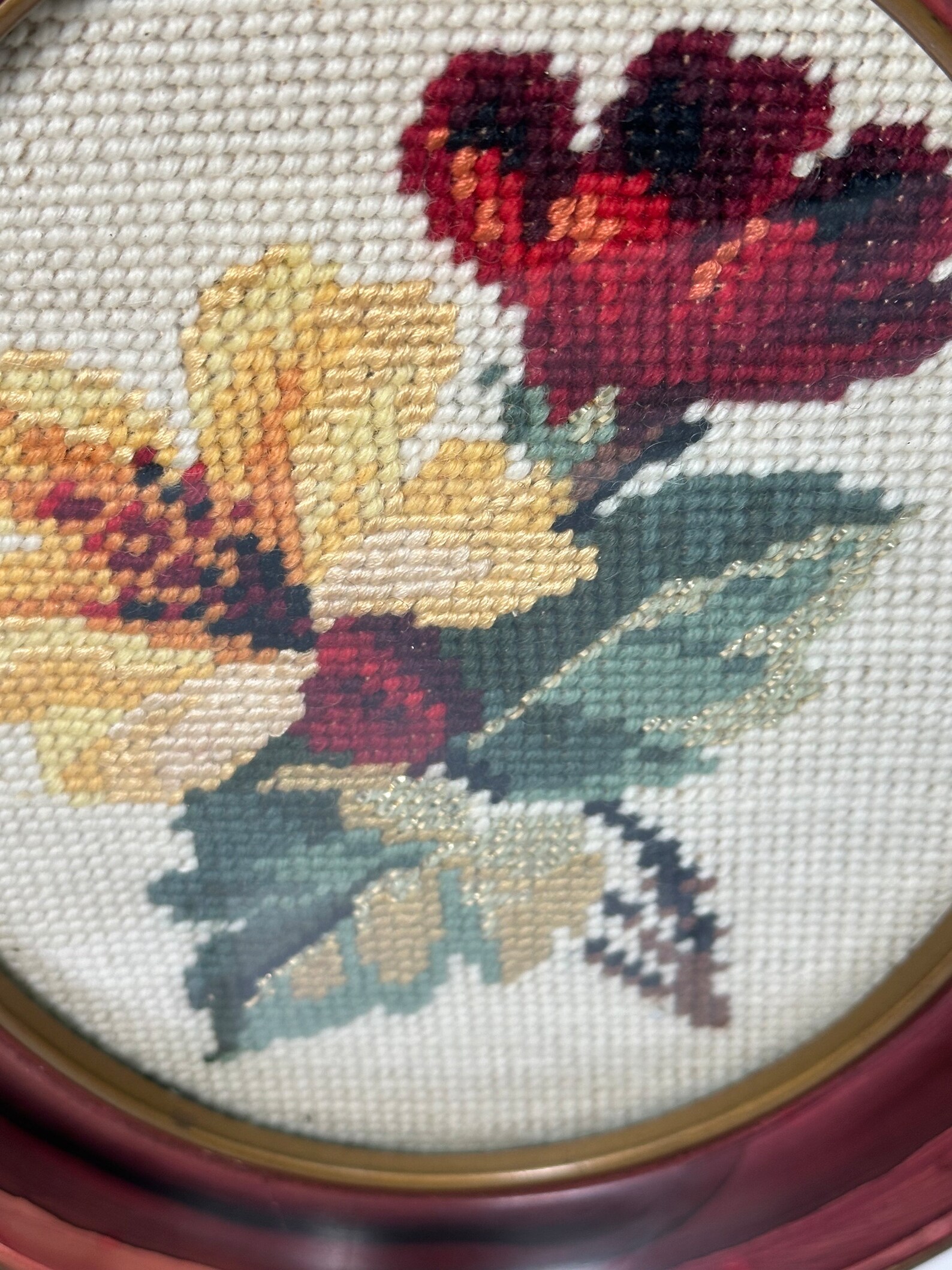 A Vintage Completed Needlepoint in Oval Frame, Burgundy and Gold Floral ...