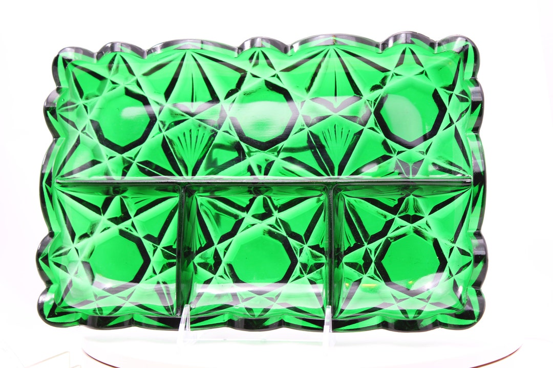 A Vintage Emerald Green Glass 4 Section Sandwich Platter by Tiara ...