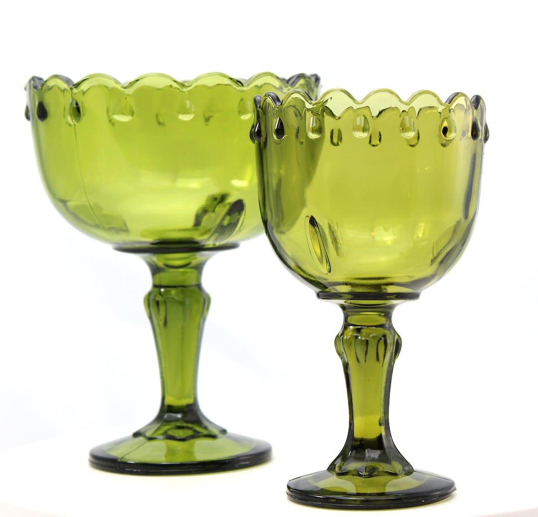 Vintage Avocado Green Glass Compotes: Indiana Glass Pedestal Teardrop ...