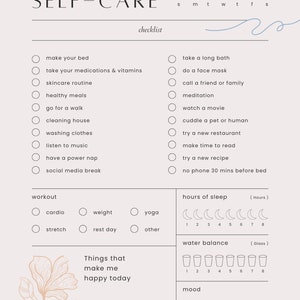 Daily Self Care Checklist Printable Instant Download, Daily Checklist ...