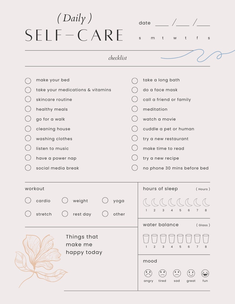 Daily Self Care Checklist Printable Instant Download, Daily Checklist ...
