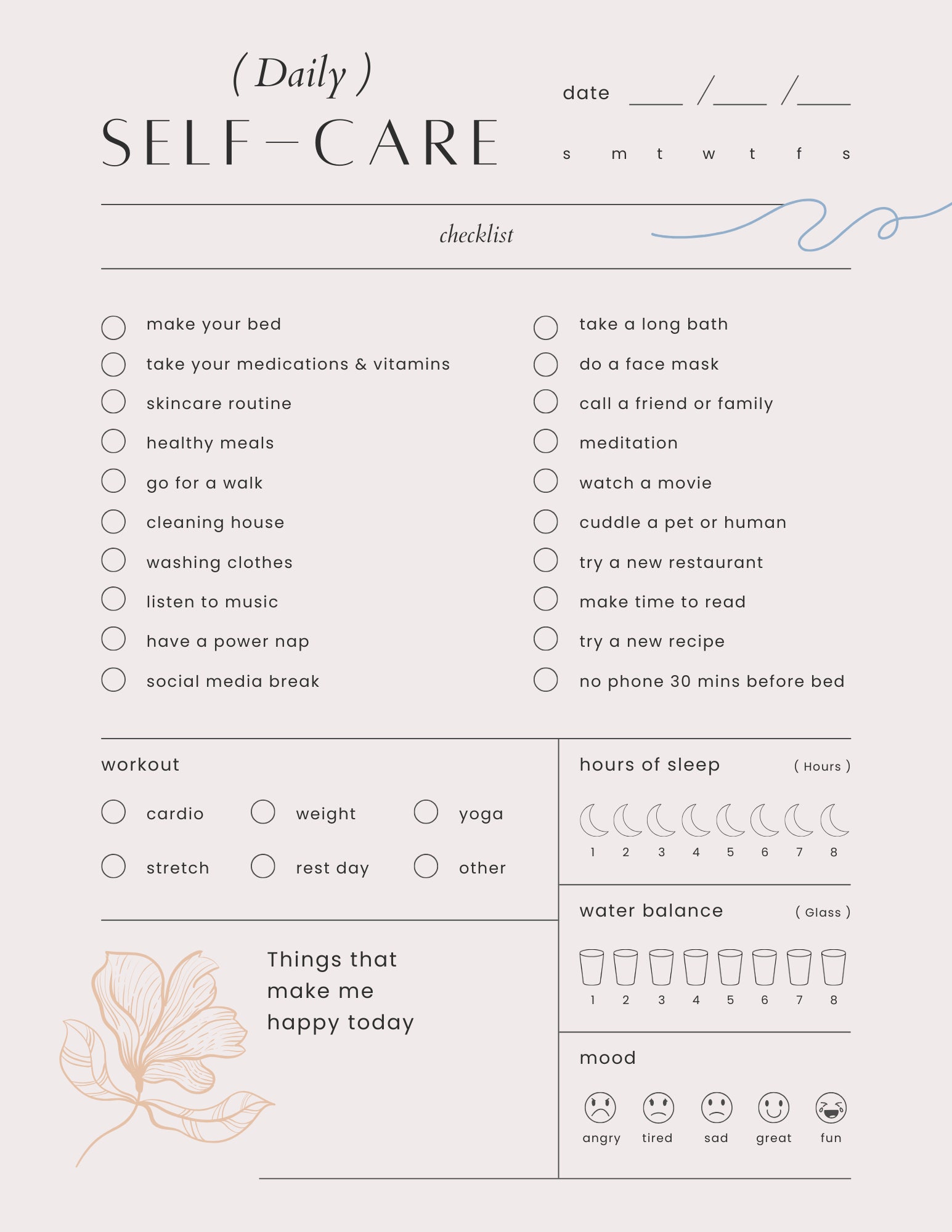 Daily Self Care Checklist Printable Instant Download, Daily Checklist ...