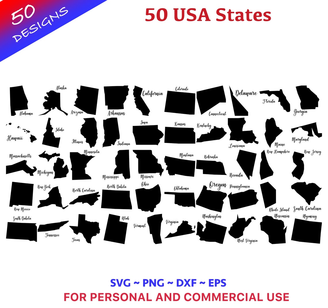 50 US States Map Bundle SVG, States Svg, US State Svg, United States ...