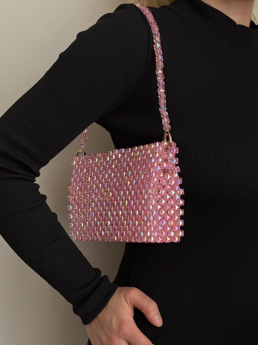Borsa con perline di cristallo fatta a mano, borsetta da sera rosa ...