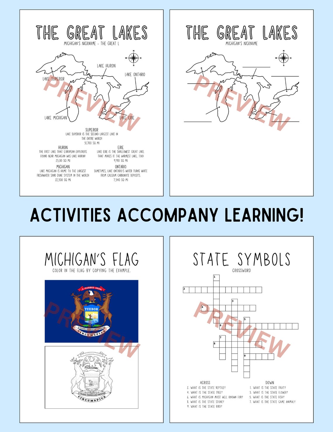 Michigan Activity, State Symbols, Geography of Michigan, Printable ...