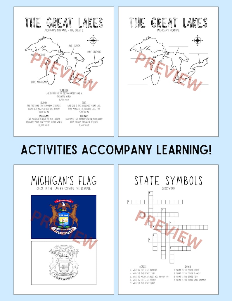 Michigan Activity, State Symbols, Geography of Michigan, Printable ...