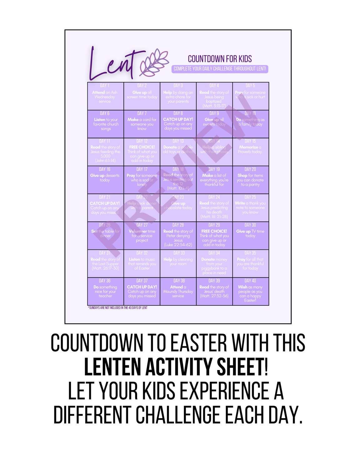 Lent Countdown Activities for Kids, Easter Countdown, Lent, Countdown ...