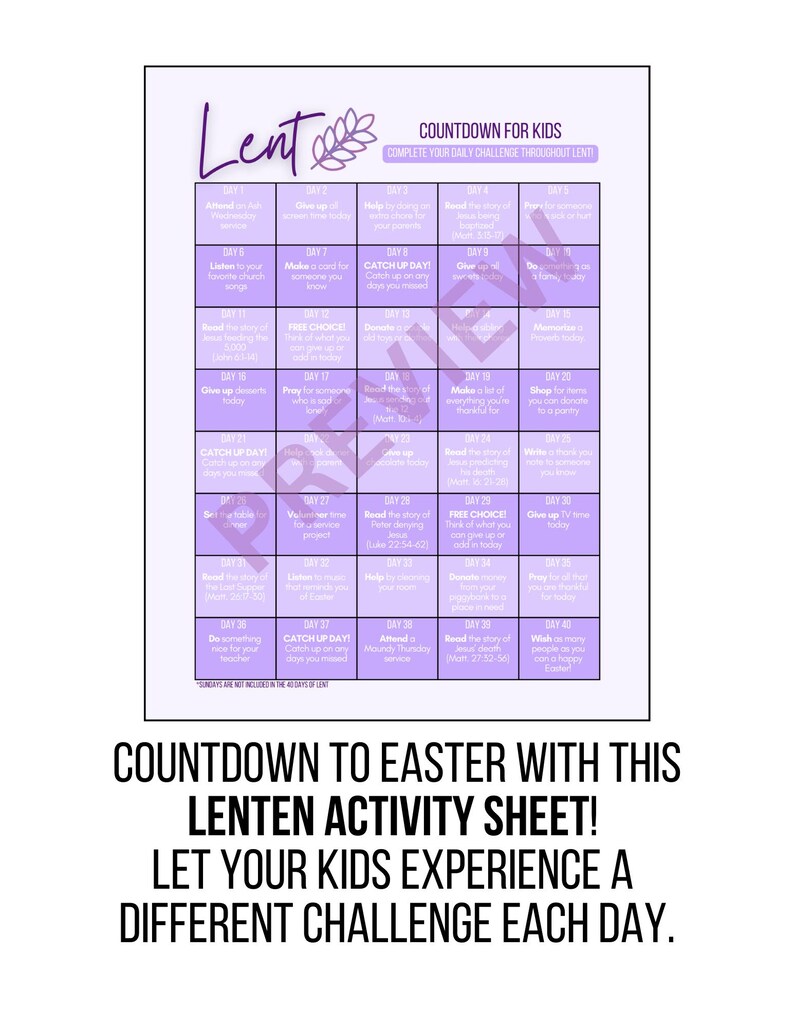 Lent Countdown Activities for Kids, Easter Countdown, Lent, Countdown ...