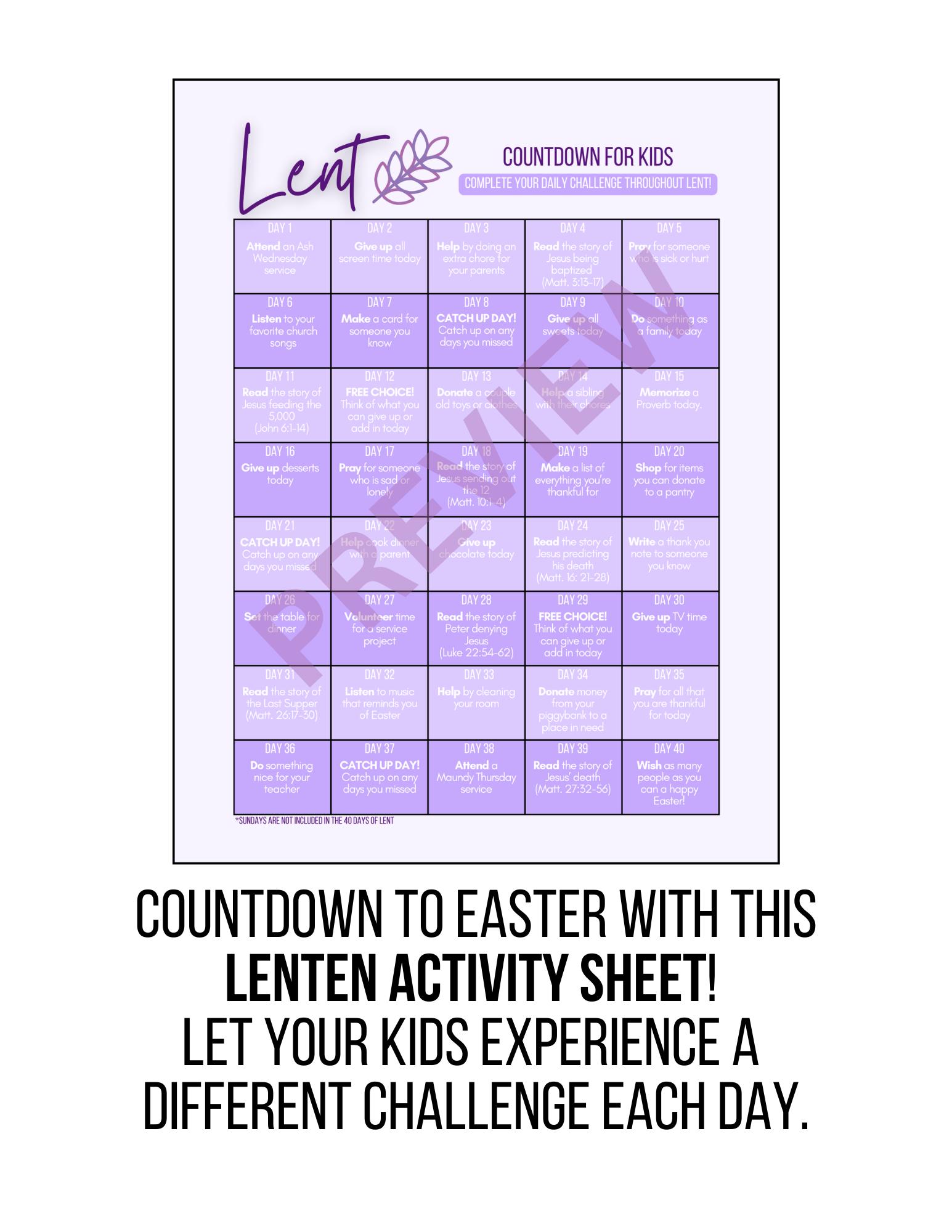 Lent Countdown Activities for Kids, Easter Countdown, Lent, Countdown ...