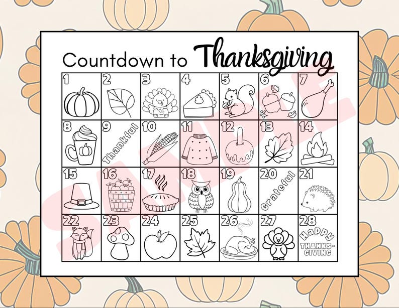 Countdown to Thanksgiving Kids Coloring Page, November Calendar ...