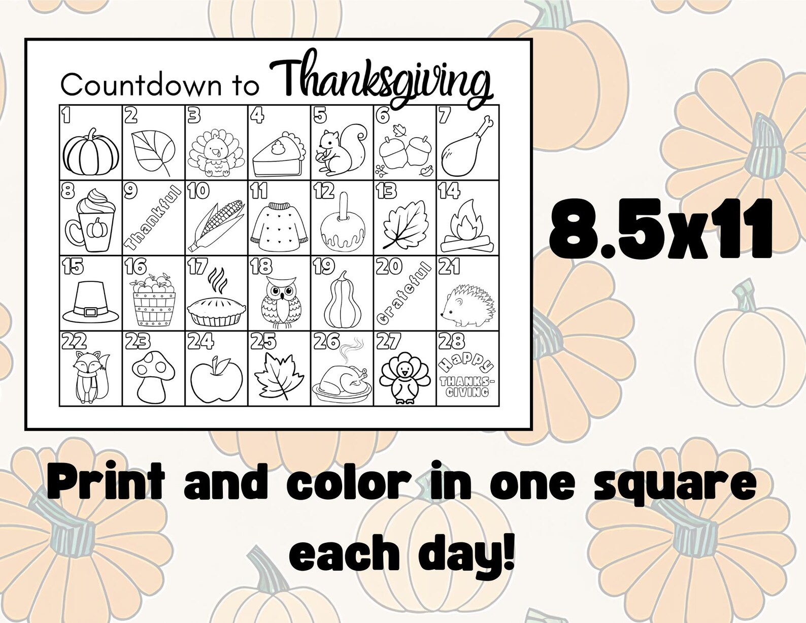 Countdown to Thanksgiving Kids Coloring Page, November Calendar ...