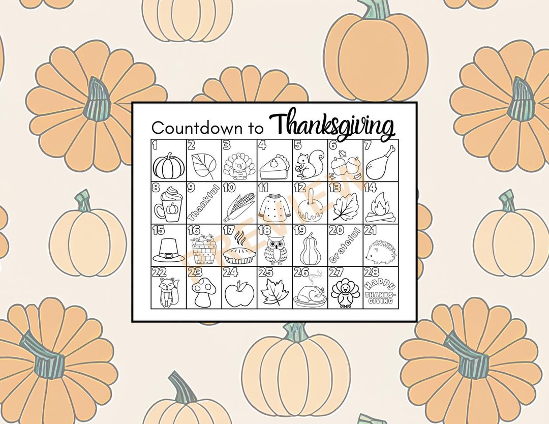 Countdown to Thanksgiving Kids Coloring Page, November Calendar ...