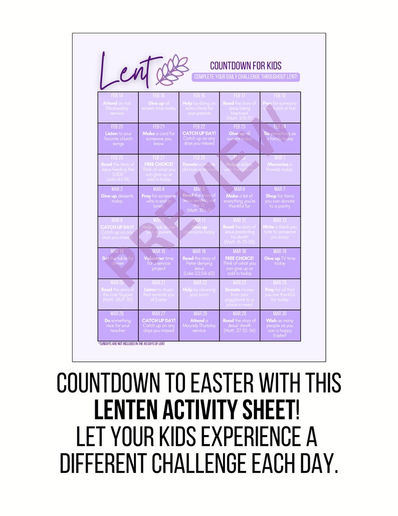 Lent Countdown Activities for Kids, Easter Countdown, Lent, Countdown ...