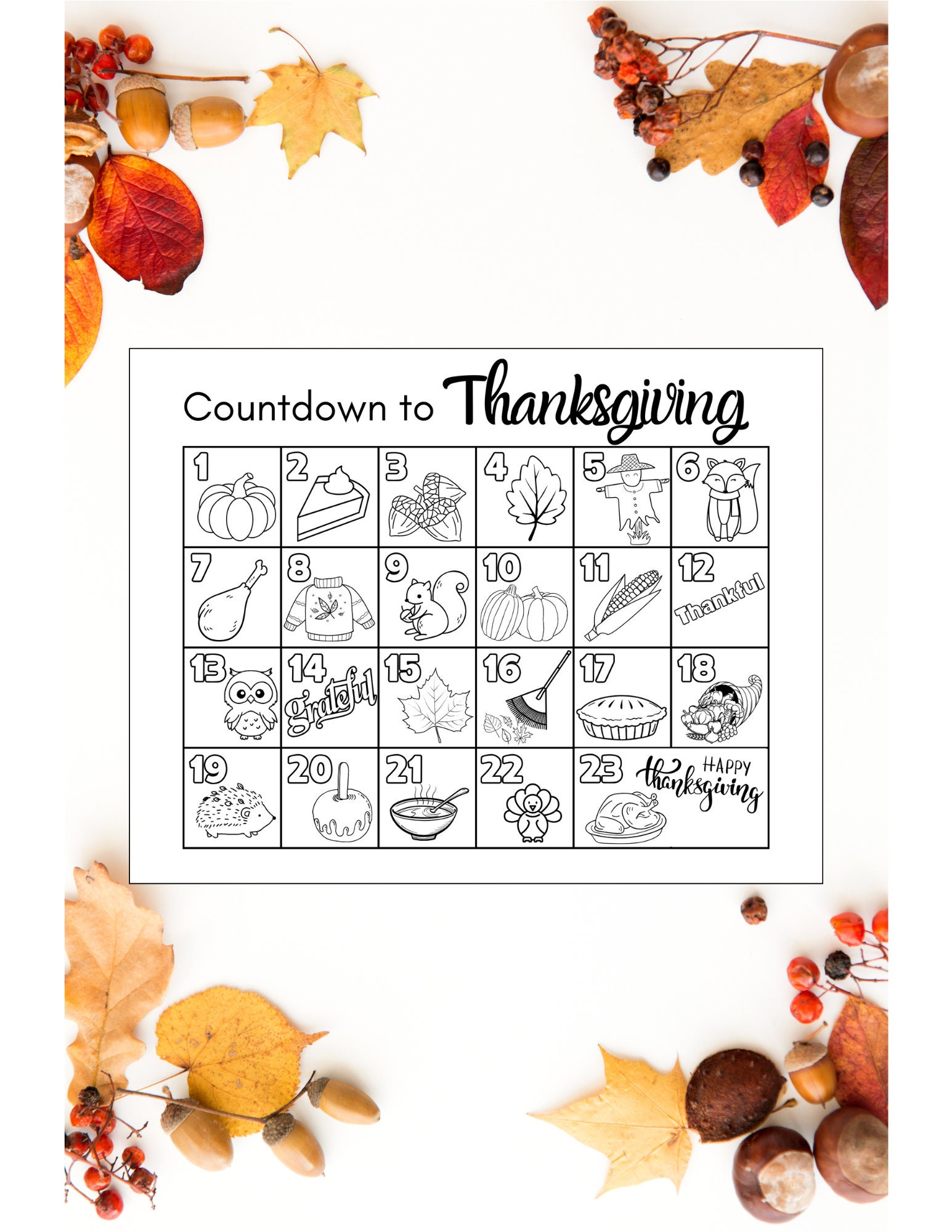Countdown to Thanksgiving Kids Coloring Page, Printable, Worksheet ...