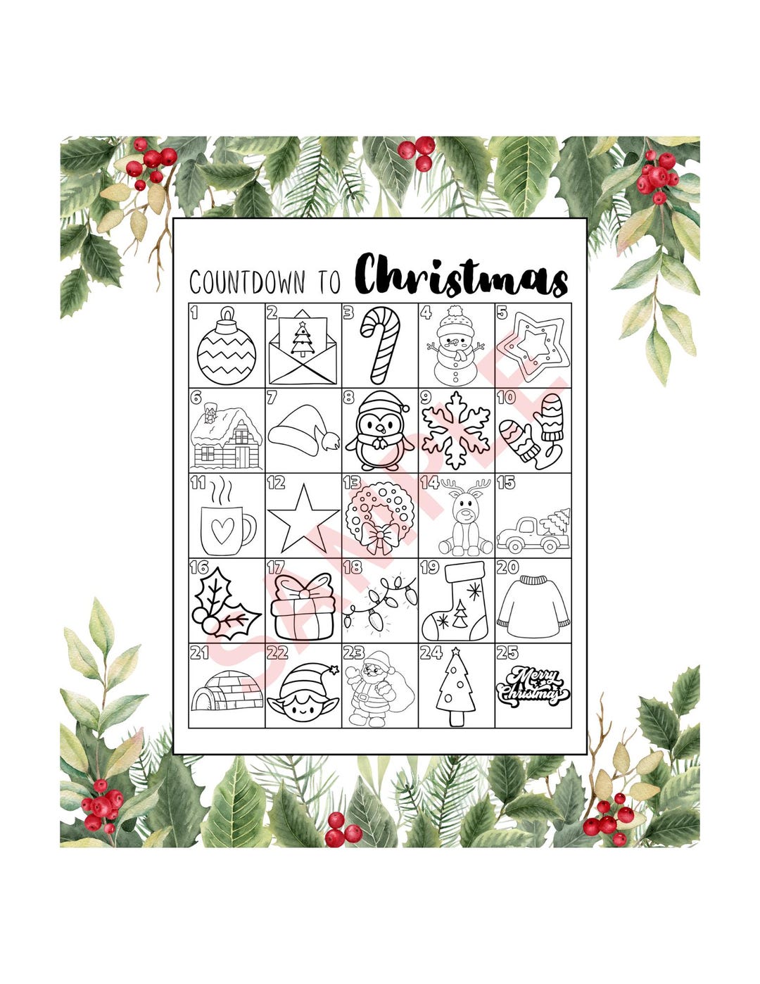 Christmas Countdown Worksheet, Christmas Coloring Page, Printable, Kids ...