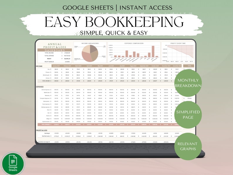 Easy Bookkeeping for Businesses Template, Income and Expense Tracker ...
