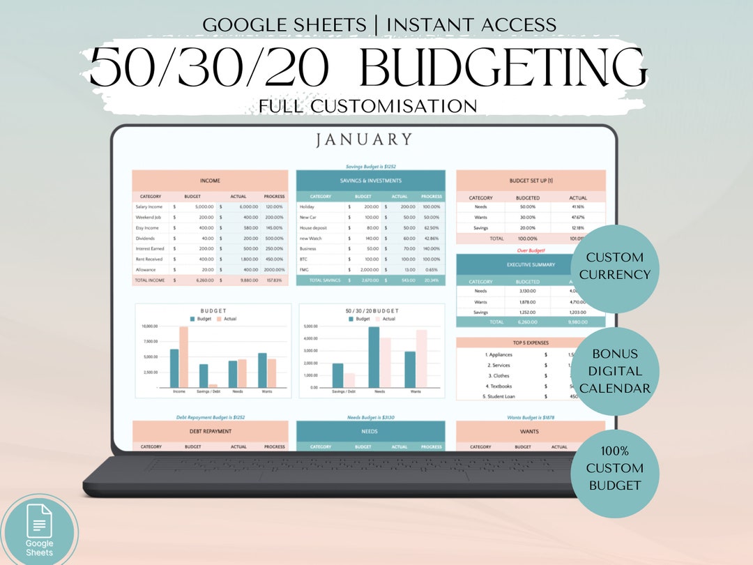 50/30/20 Monthly Budget Spreadsheet Annual Budget Planner Google Sheets ...