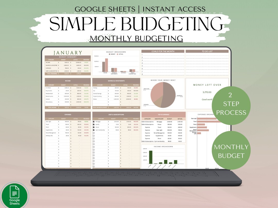 Simple Monthly Budget Spreadsheets for Google Sheets, Budget Template ...