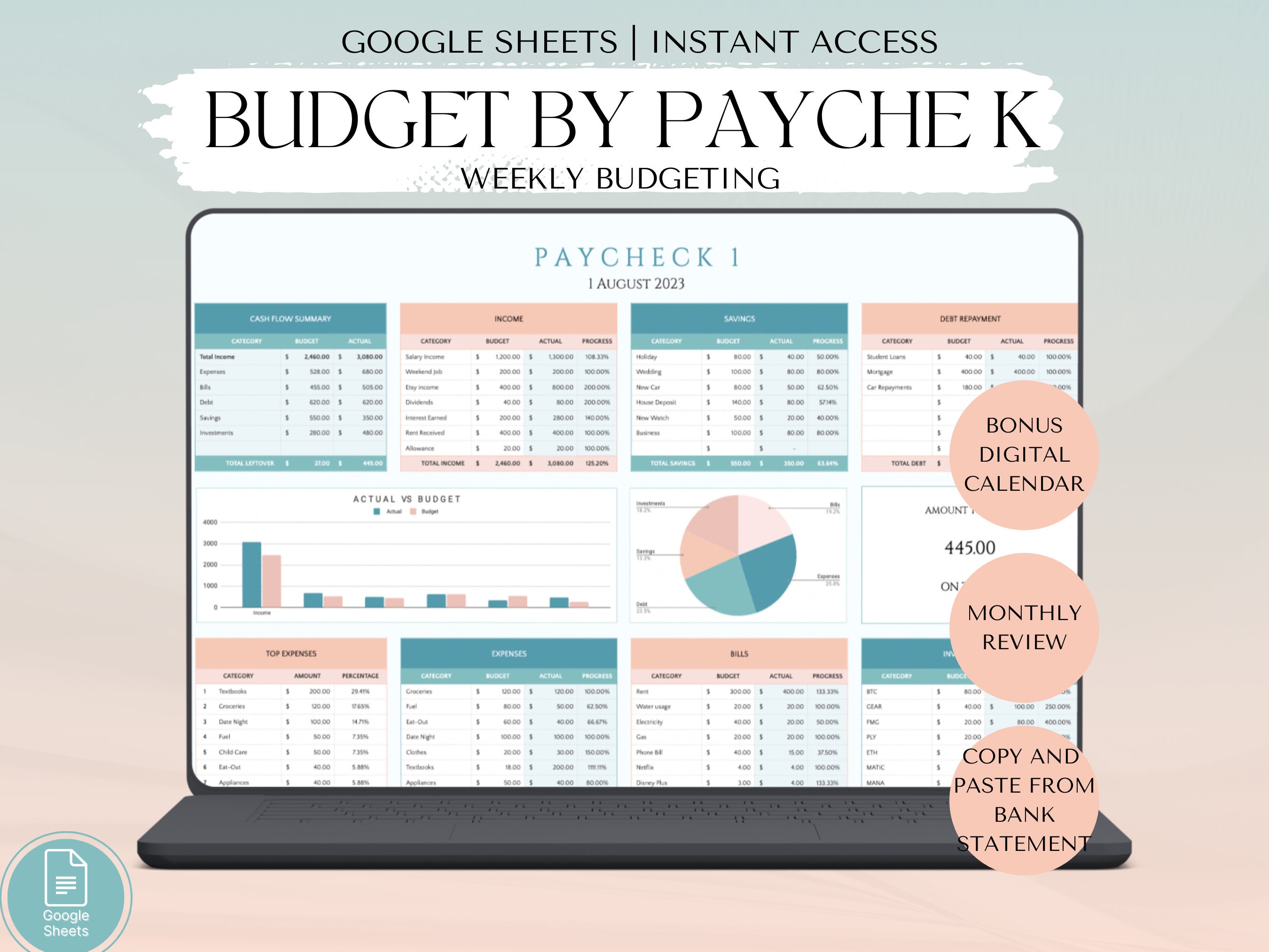 Weekly Paycheck Budget, Google Sheets Finance Planner, Personal Digital ...