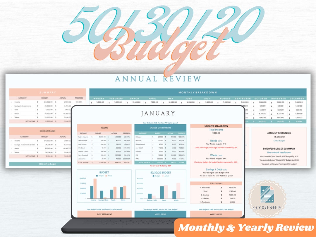 50/30/20 Monthly Budget Spreadsheet Annual Budget Planner - Etsy