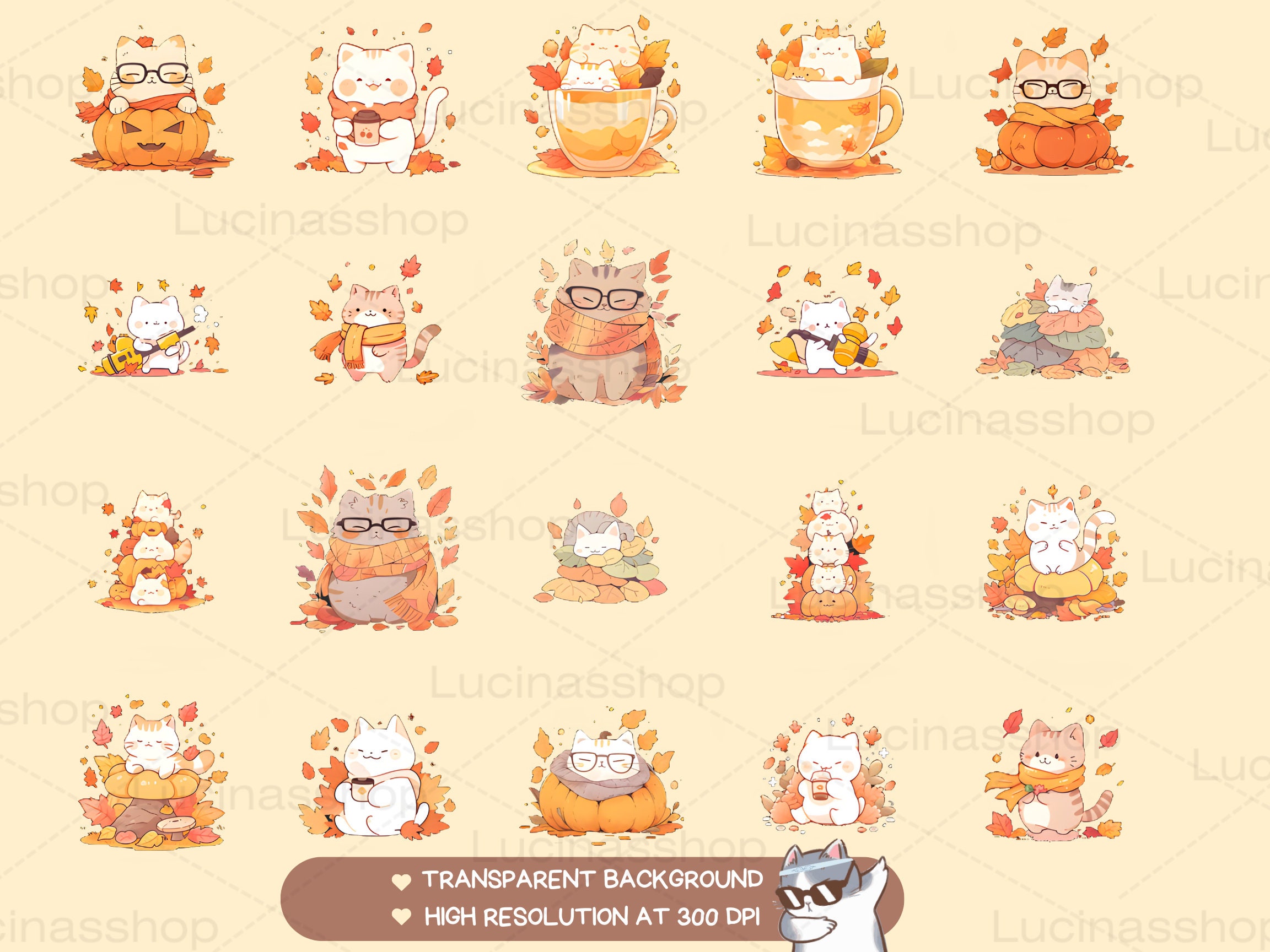 Cat Clipart Png Watercolor Kawaii Autumn Cat Clipart Bundle Pumpkin ...