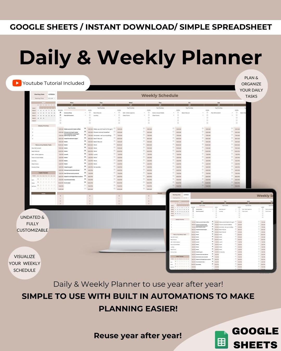 Daily Weekly Planner- to Do List Spreadsheet -daily Checklist -undated ...