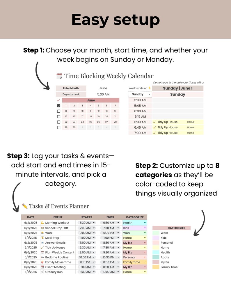 Weekly Time Block Schedule Google Sheets: Task Organization (digital ...