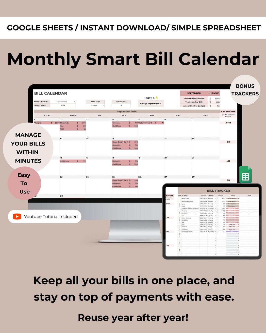 Monthly Bill Calendar Tracker: Payment Tracker Google Sheets - Etsy