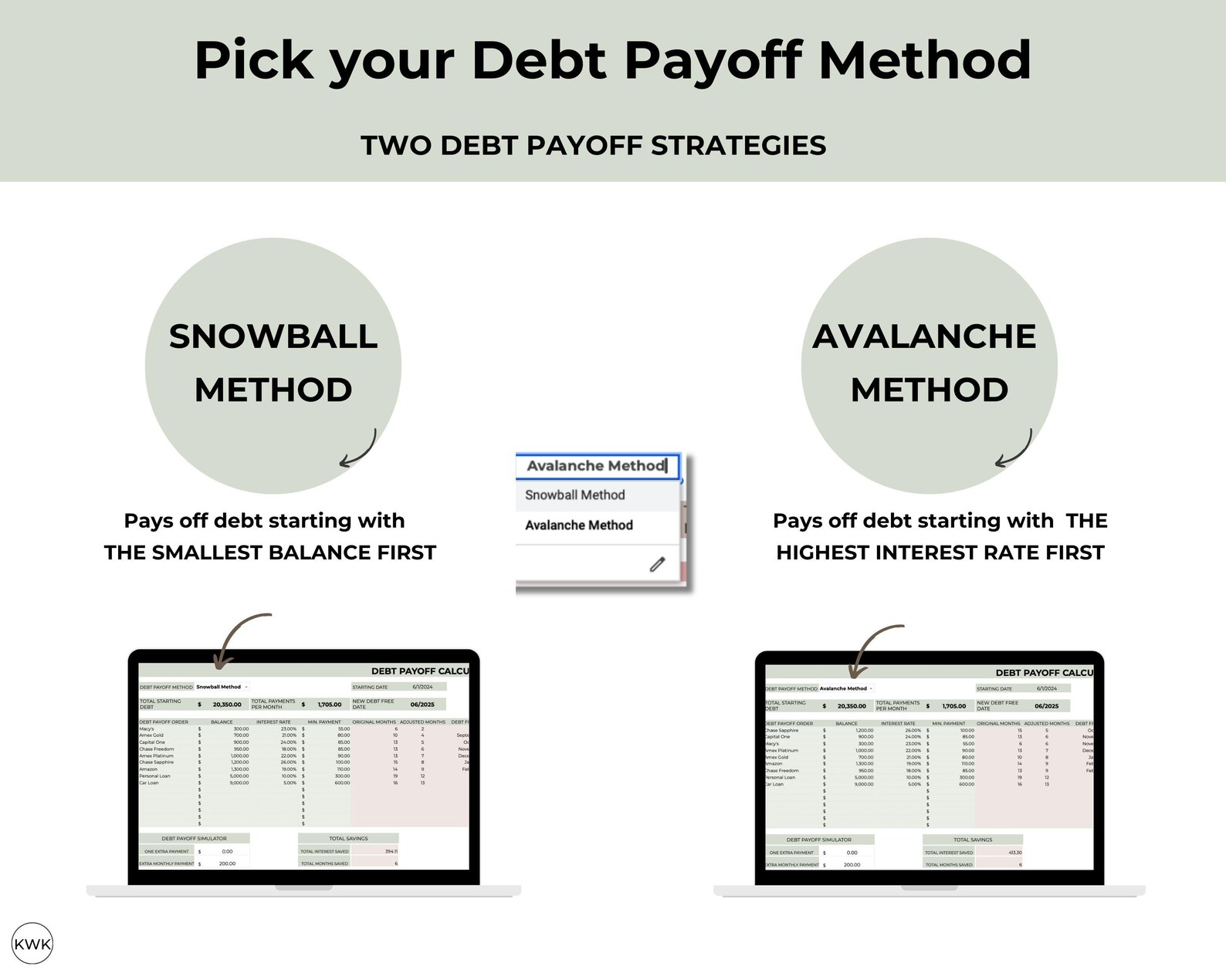 Simple Debt Snowball Spreadsheet, Debt Avalanche, Debt Payoff Google ...