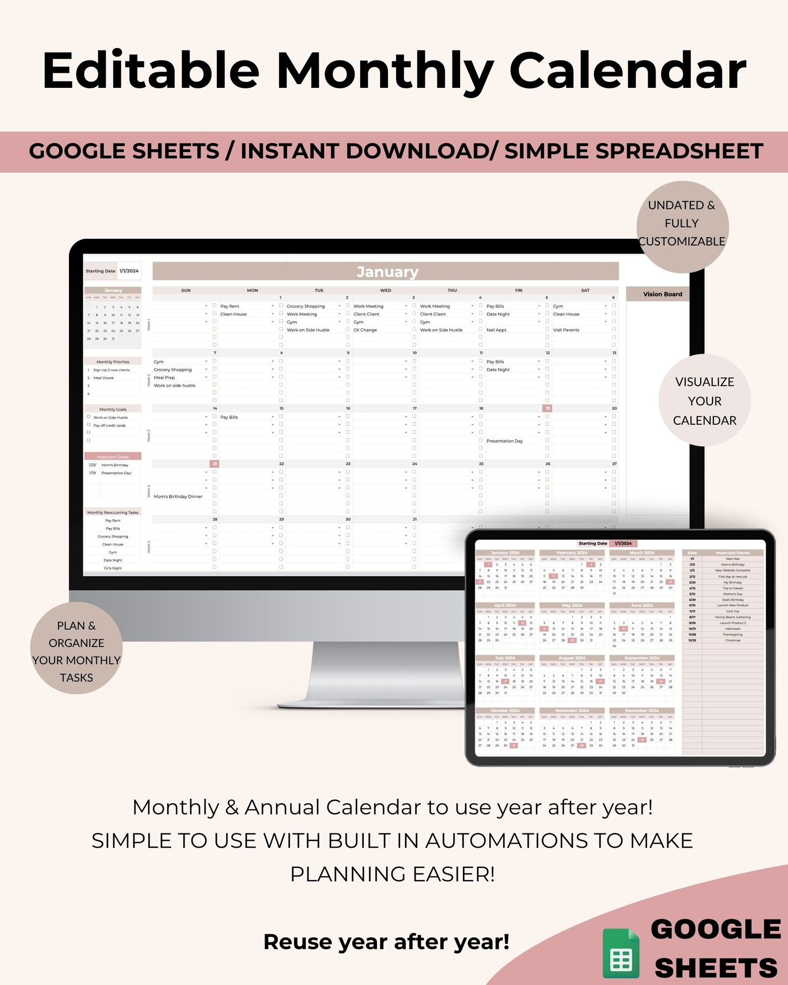 Editable Monthly Calendar: Automated Google Sheets Planner (digital ...