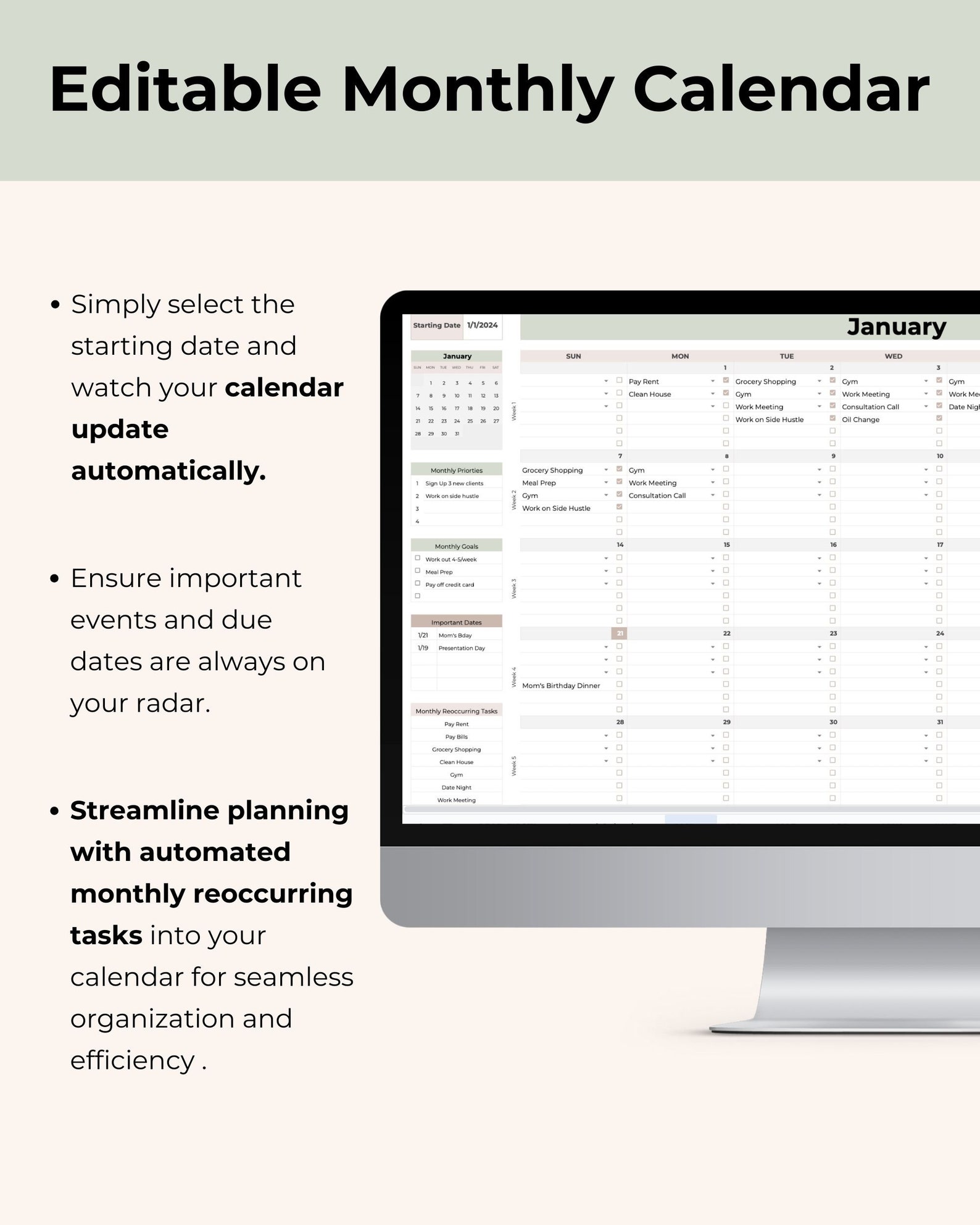 Editable Monthly Calendar: Automated Google Sheets Planner (digital ...