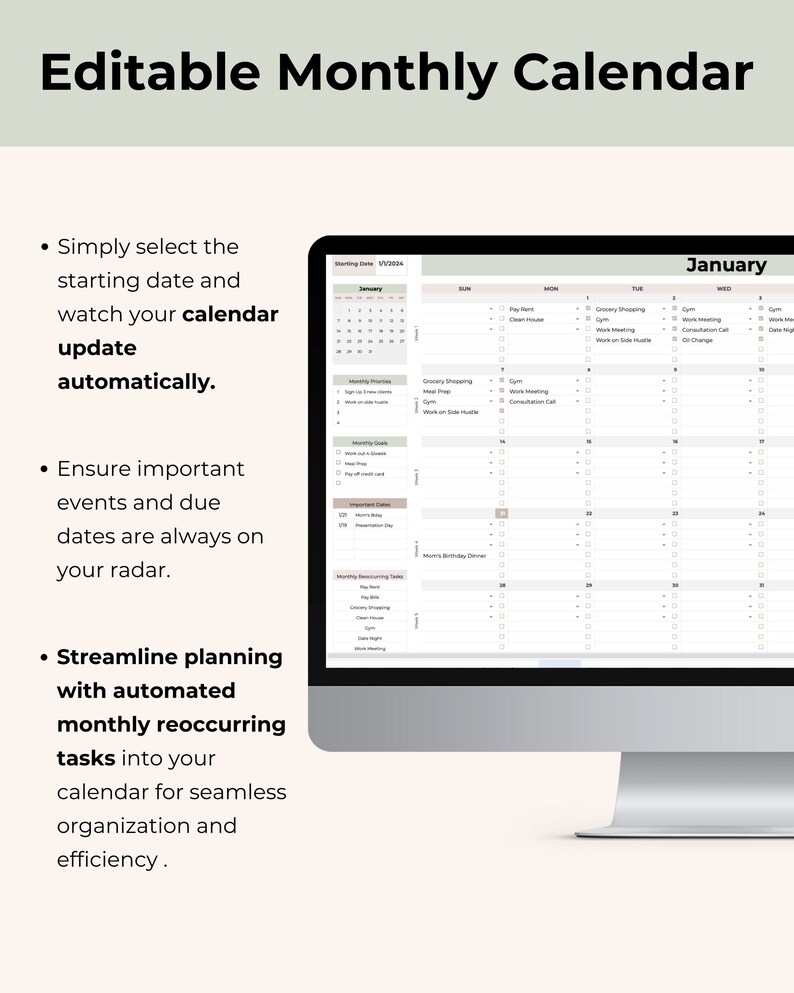 Editable Monthly Calendar Monthly Planner Template Google Sheets ...