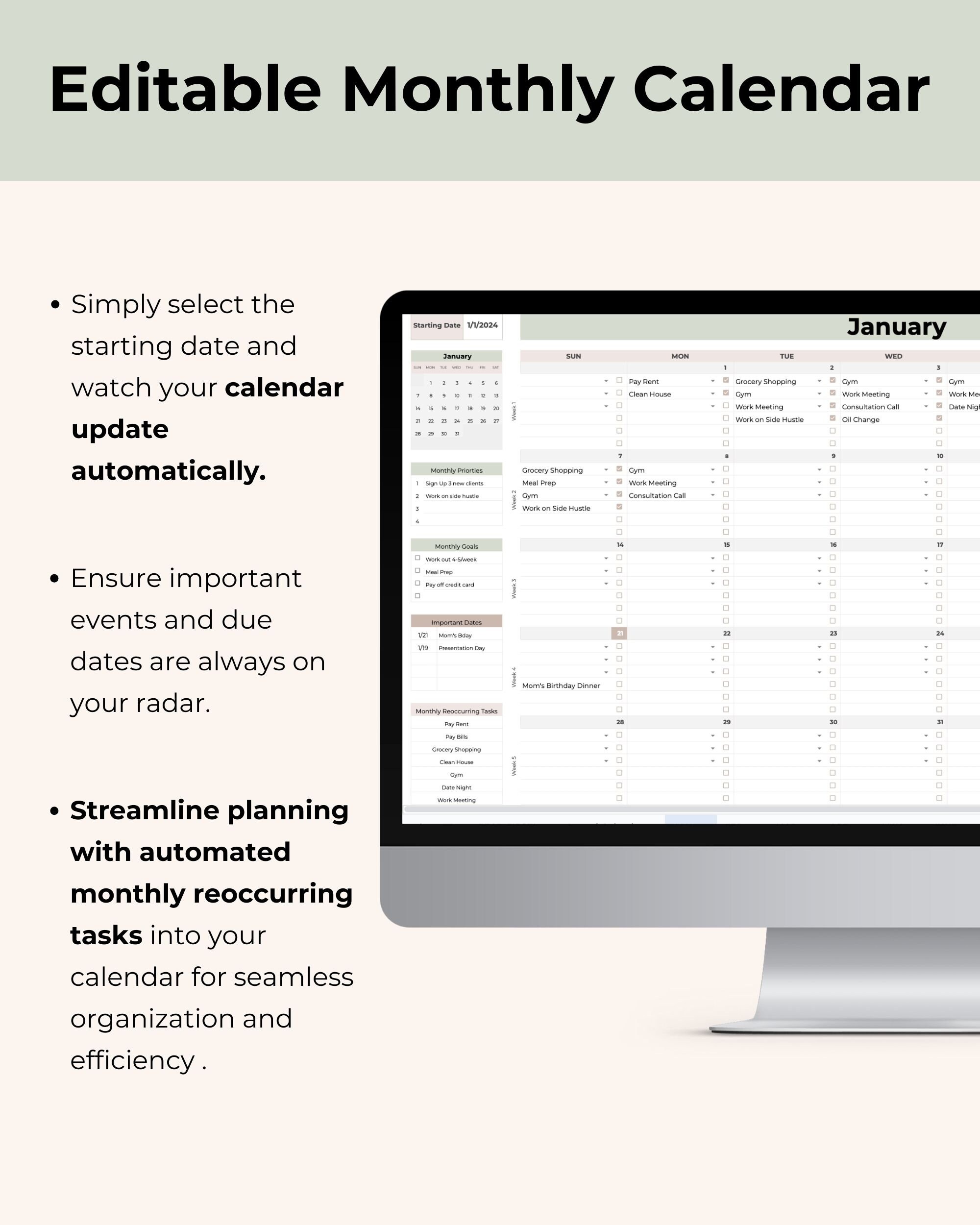 Editable Monthly Calendar Monthly Planner Template Google Sheets ...