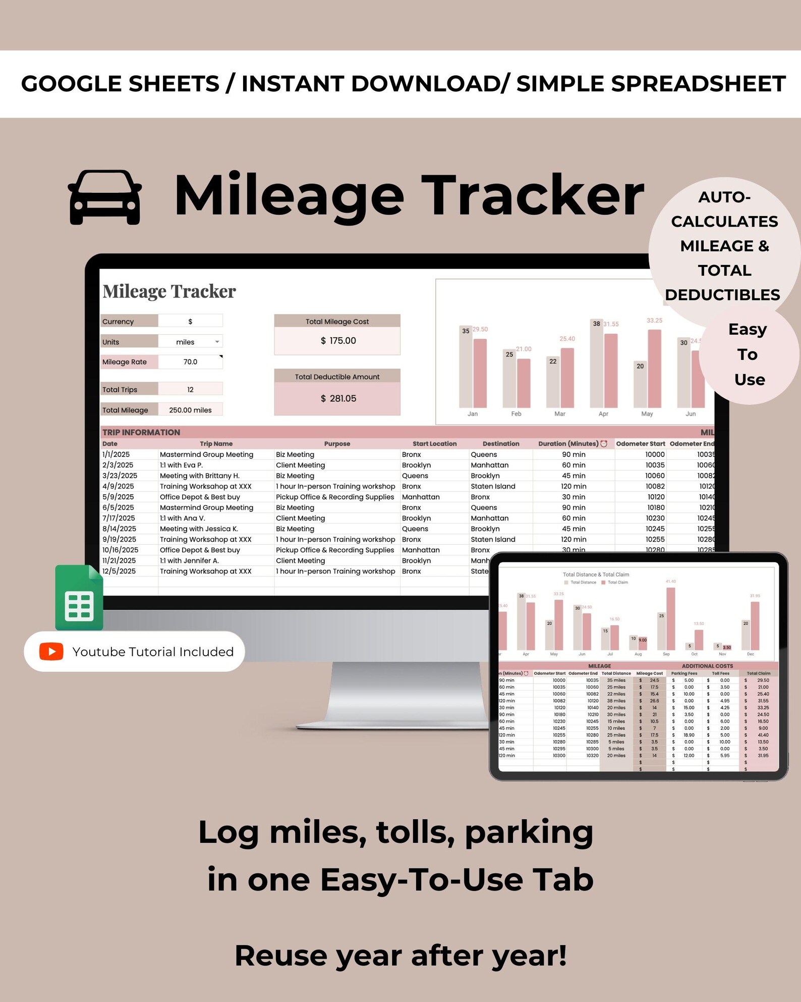 Mileage Expense Tracker Google Sheets: Business Mileage Log (digital ...