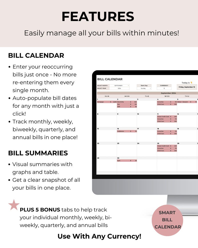 Monthly Bill Calendar Tracker: Payment Tracker Google Sheets - Etsy