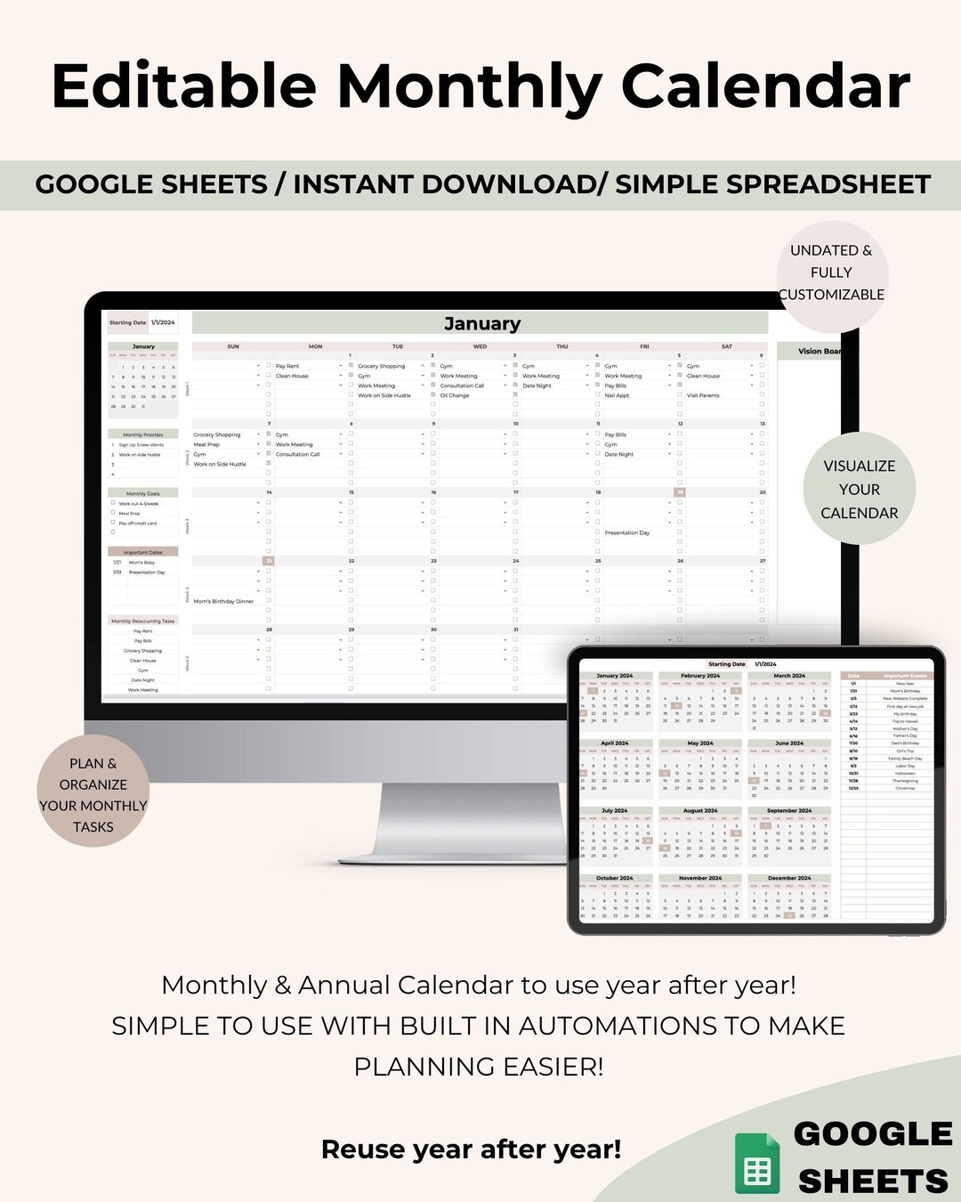 Editable Monthly Calendar Monthly Planner Template Google Sheets ...