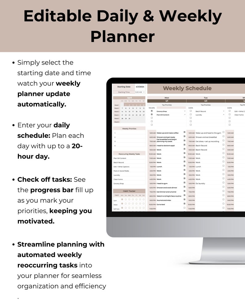 Daily Weekly Planner- to Do List Spreadsheet -daily Checklist -undated ...