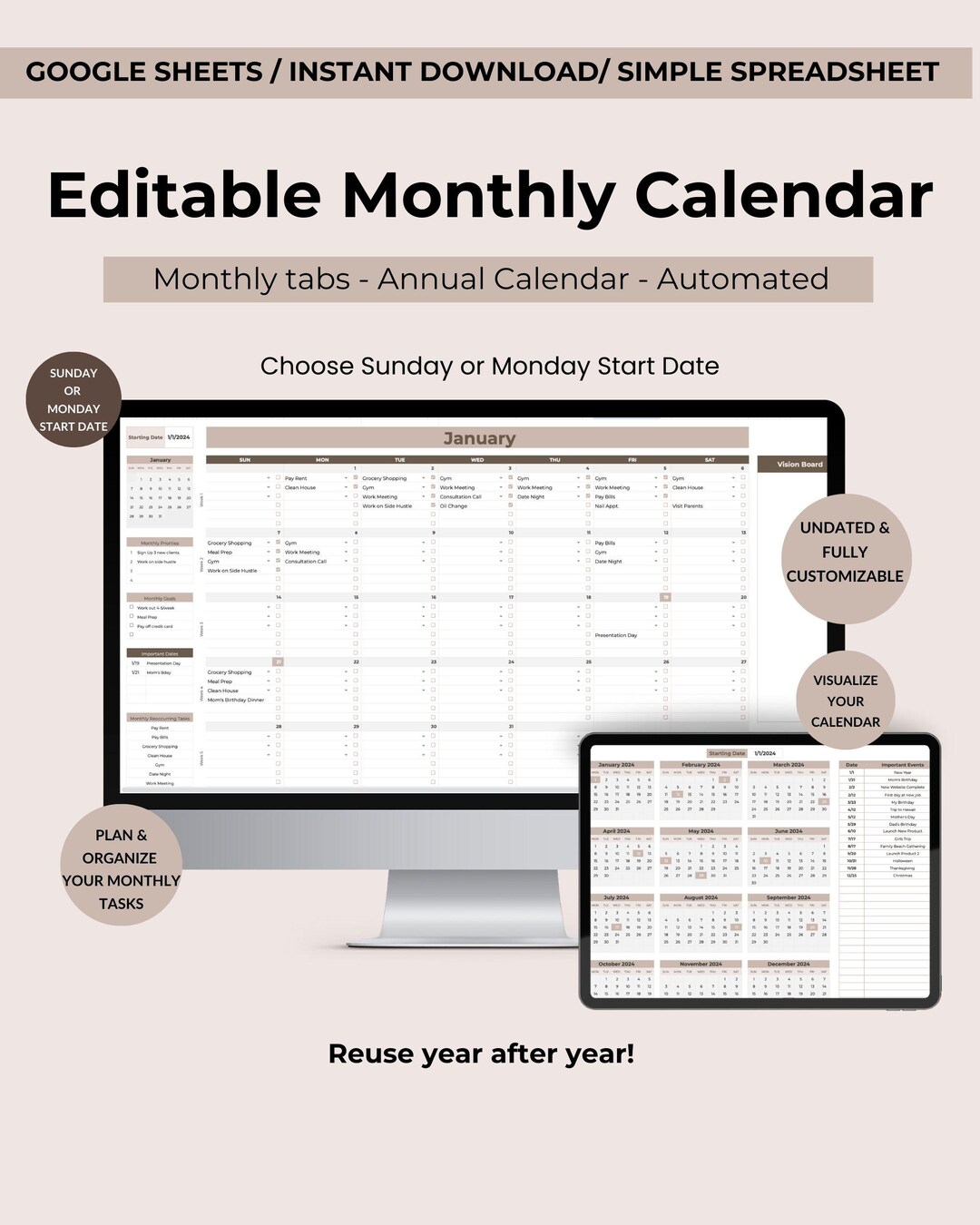 Editable Monthly Planner Google Sheets Template, Automated Calendar ...