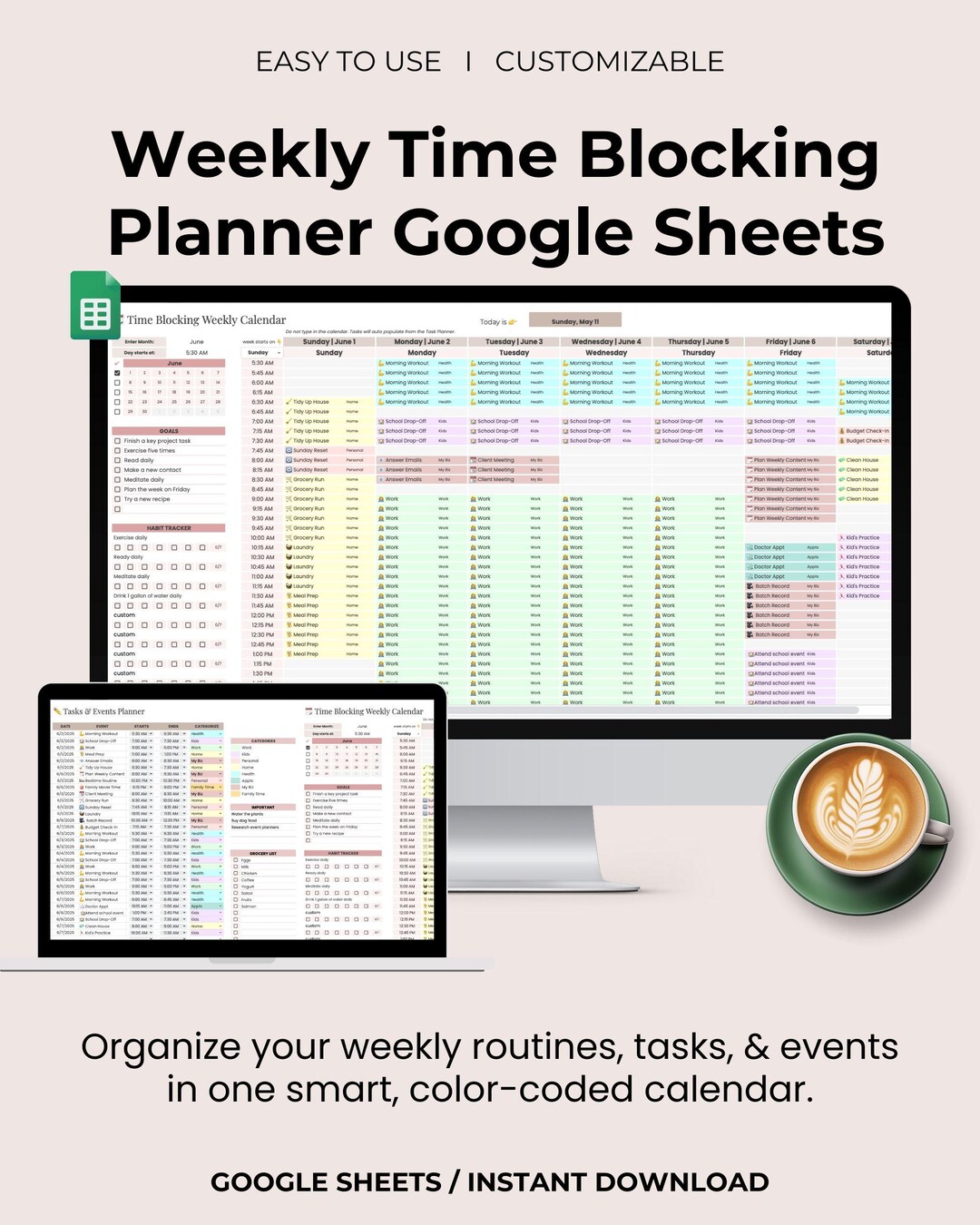 Weekly Time Block Schedule Google Sheets: Task Organization (digital ...