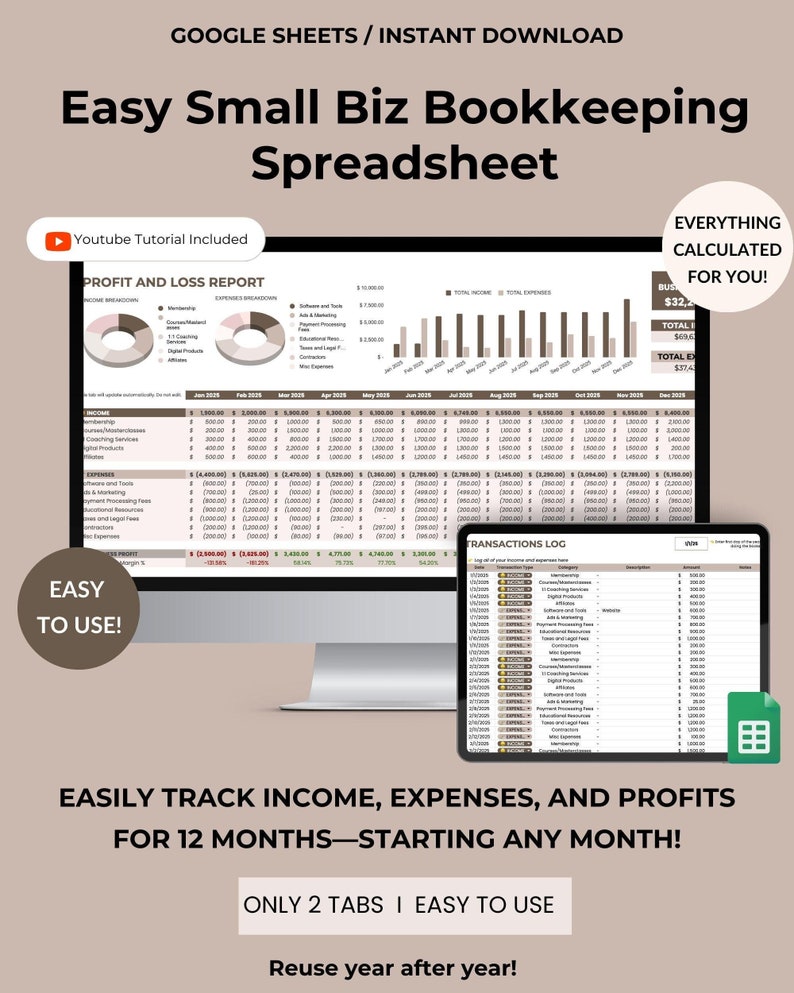 Profit and Loss Template Google Sheets, Easy Bookkeeping, Business ...
