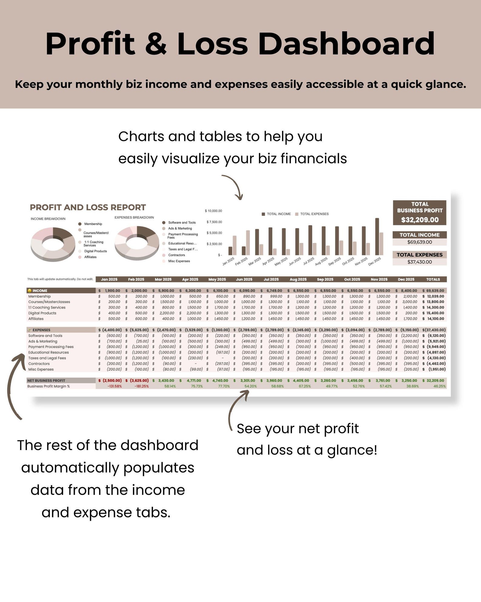 Profit and Loss Template Google Sheets, Easy Bookkeeping, Business ...
