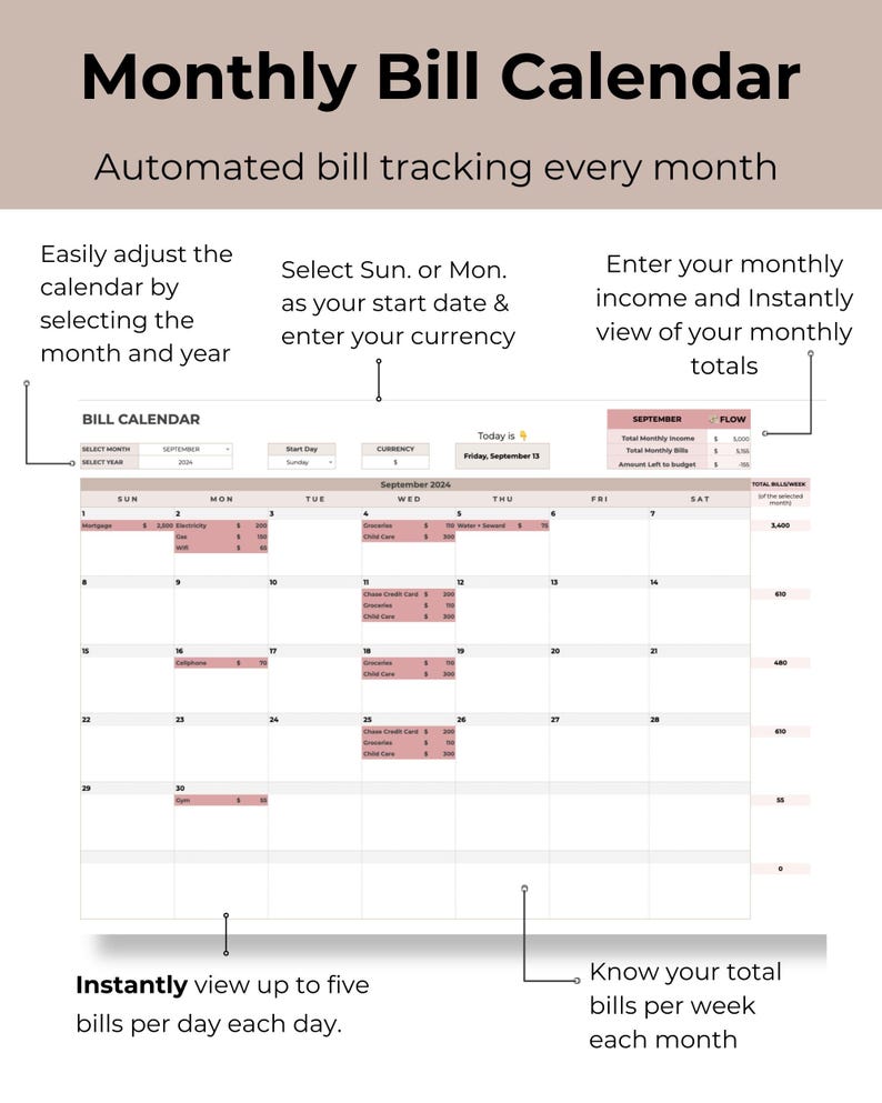 Monthly Bill Calendar Tracker: Payment Tracker Google Sheets - Etsy