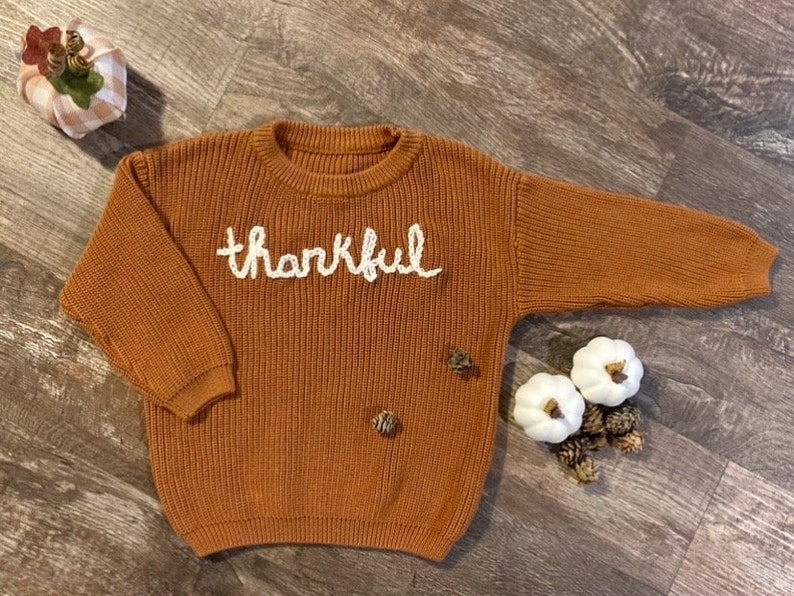 Hand Embroidered “thankful” Knit Sweater - Etsy