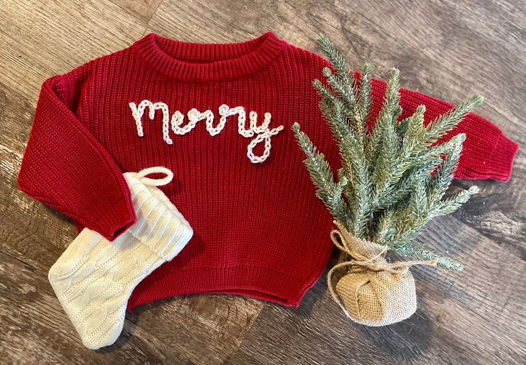 Hand Embroidered “merry” Knit Sweater - Etsy