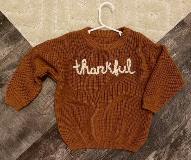 Hand Embroidered “thankful” Knit Sweater - Etsy
